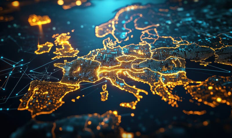 Illuminated Map of Europe with Network Connections and Data ...