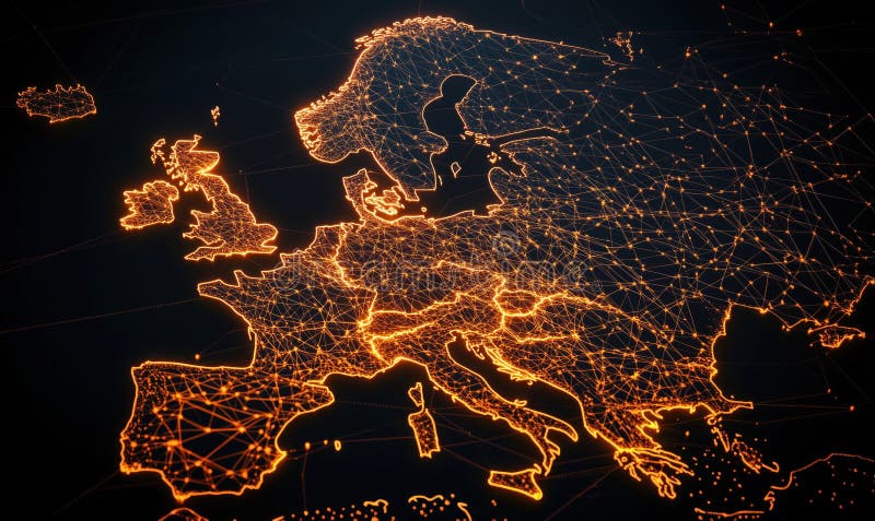 Illuminated Map of Europe, Network Connections, Digital Representation ...