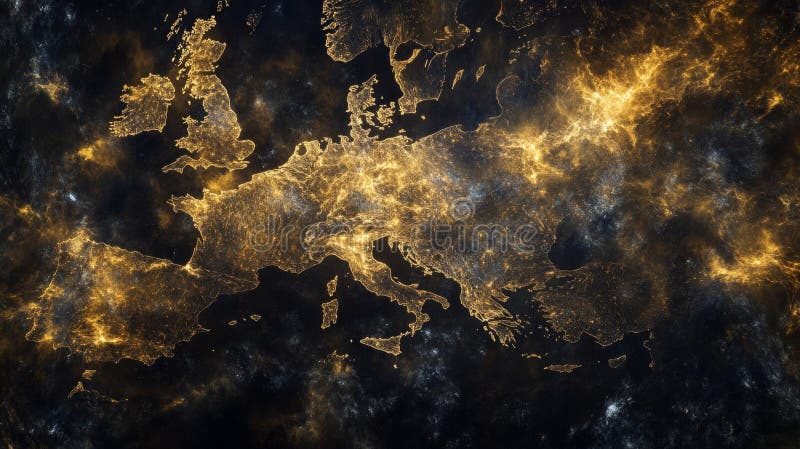 Illuminated Map of Europe at Night with Golden Lights and Dark Space ...