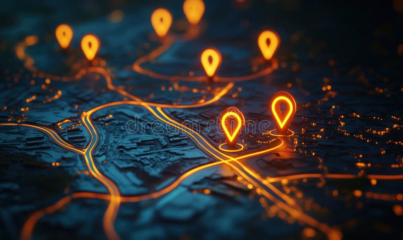 Illuminated Map with Location Pins and Pathways in Urban Environment ...
