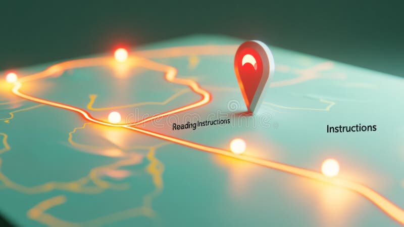 Illuminated Map Route with Location Pin and Instructions Stock ...