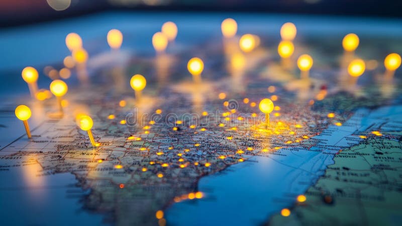 Illuminated Map of the Usa Featuring Glowing Points To Highlight ...