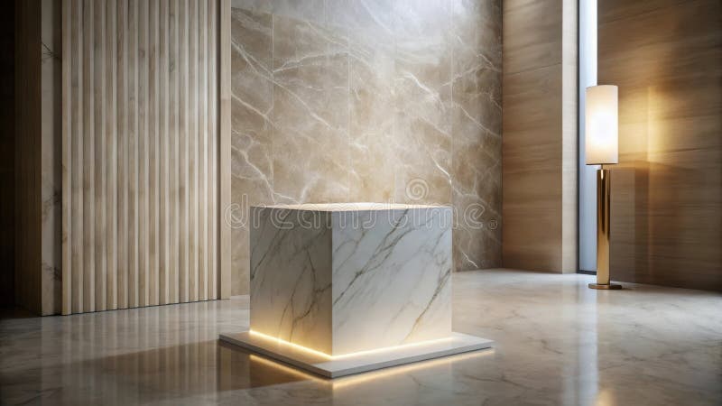 Illuminated Marble Cube Display on Polished Floor with Wood Paneling ...