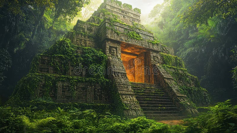 Illuminated Mayan Pyramid in Tropical Jungle at Sunset Stock Image ...