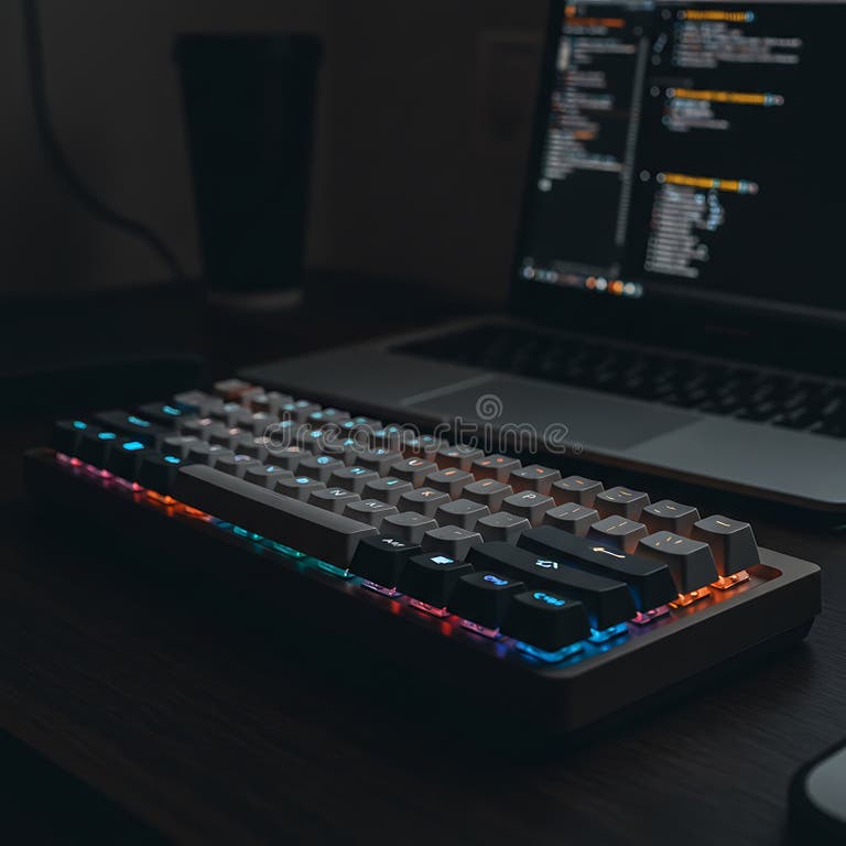 Illuminated Mechanical Keyboard: a Nighttime Coding Setup Stock Image ...