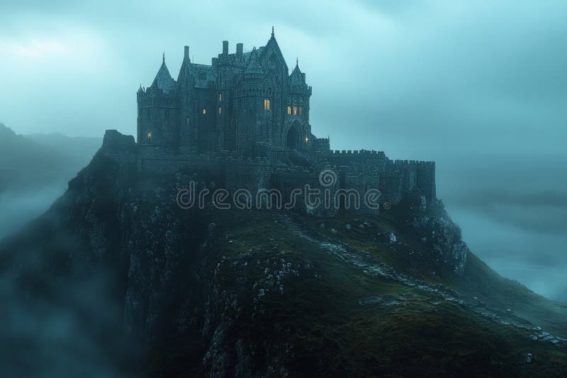 ?Illuminated Medieval Castle Perched on a Misty Hilltop Stock ...