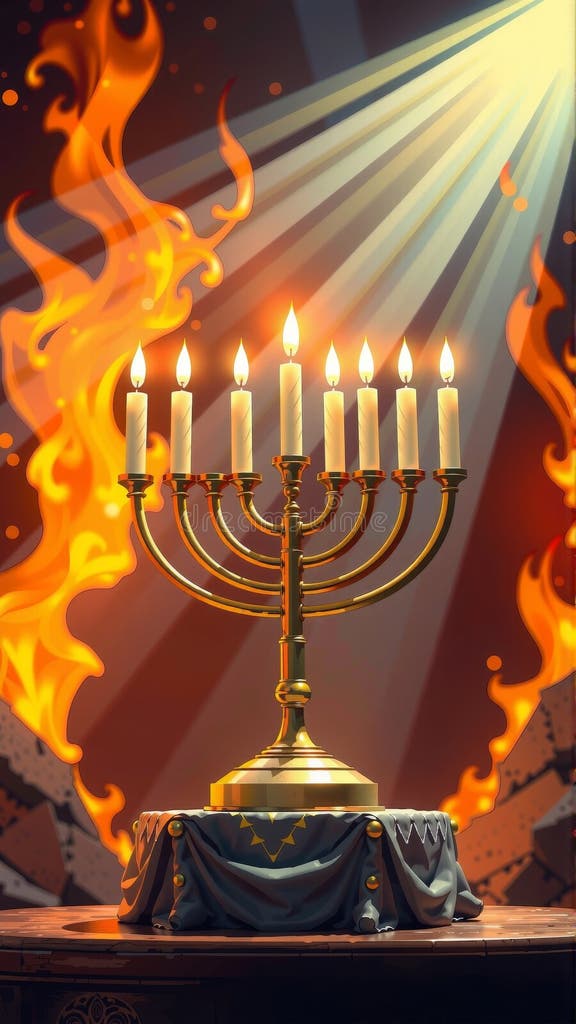 Illuminated Menorah with Flames and Divine Light in Dramatic Setting ...