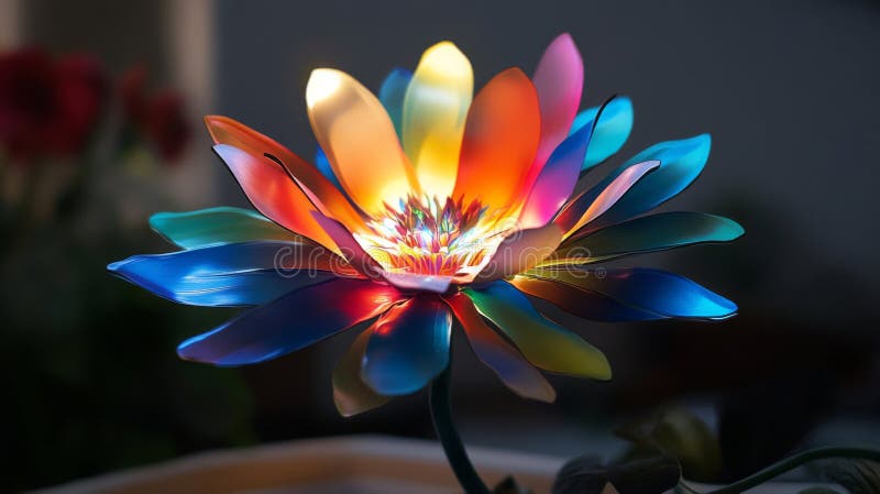 Illuminated Metal Flower Sculpture with Rainbow Petals Stock ...