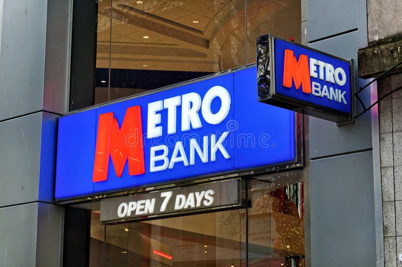Illuminated Metro Bank Signs Editorial Stock Photo - Image of banking ...