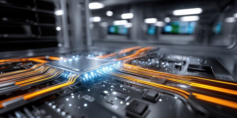 Generative AI Illuminated Microchip and Cables in Server Room ...