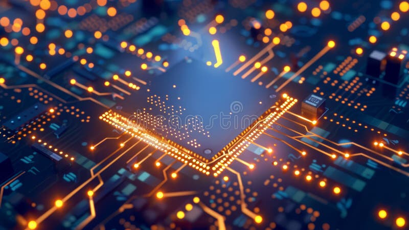 Illuminated Microchip on High-Tech Circuit Board Stock Illustration ...