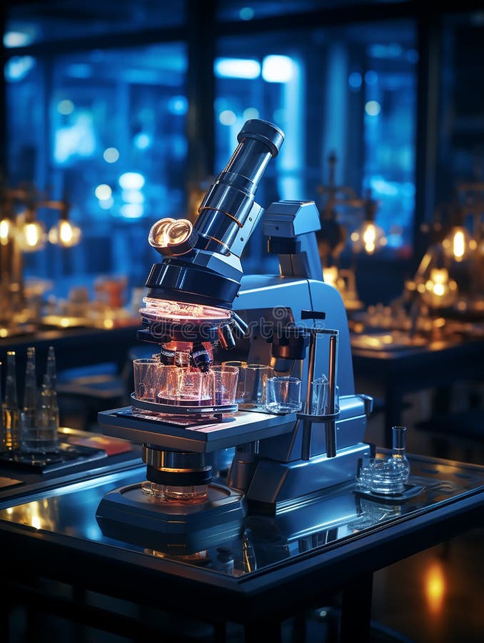 Modern Laboratory Microscope in Front of Periodic Table of Elements. 3d ...