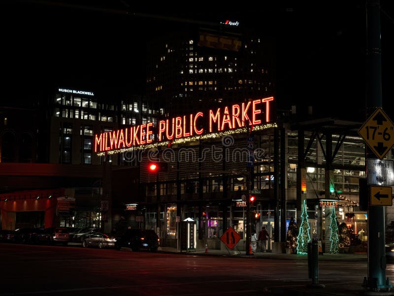 Illuminated Milwaukee Public Market Building at Night Editorial ...