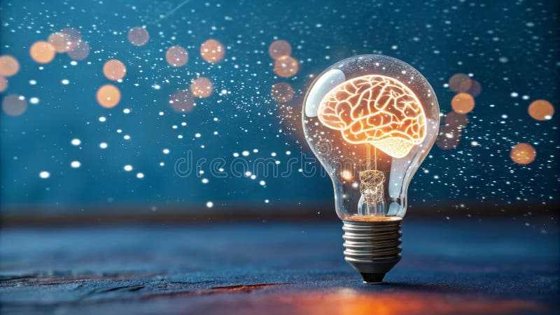 Illuminated Mind Bokeh Background, Brain in Bulb Stock Illustration ...