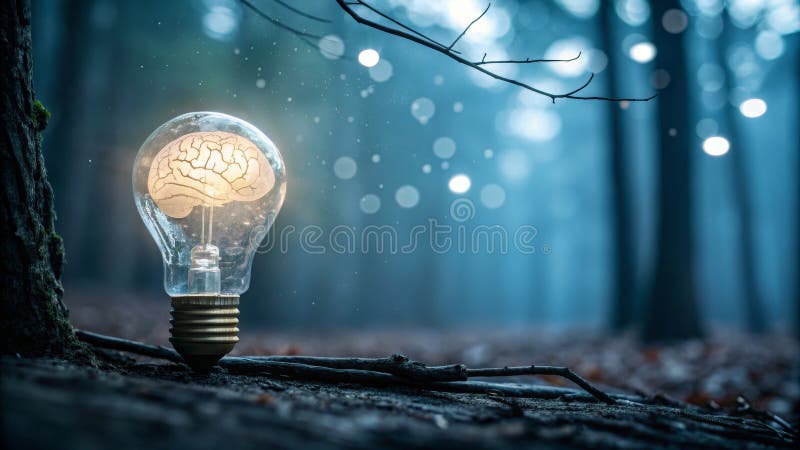 Illuminated Mind Brain in Lightbulb, Forest Setting Stock Illustration ...