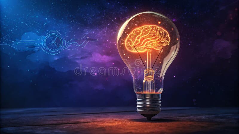 Illuminated Mind Brain in Lightbulb, Night Sky, Abstract Stock ...
