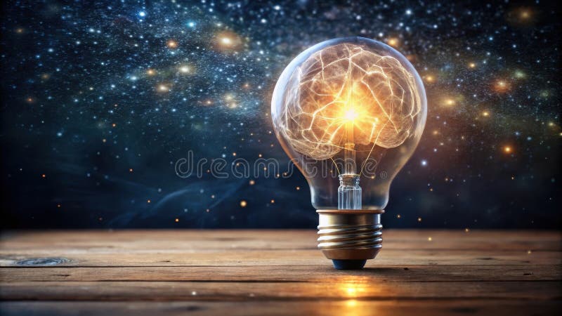 Illuminated Mind a Glowing Brain within a Lightbulb on a Wooden Surface ...