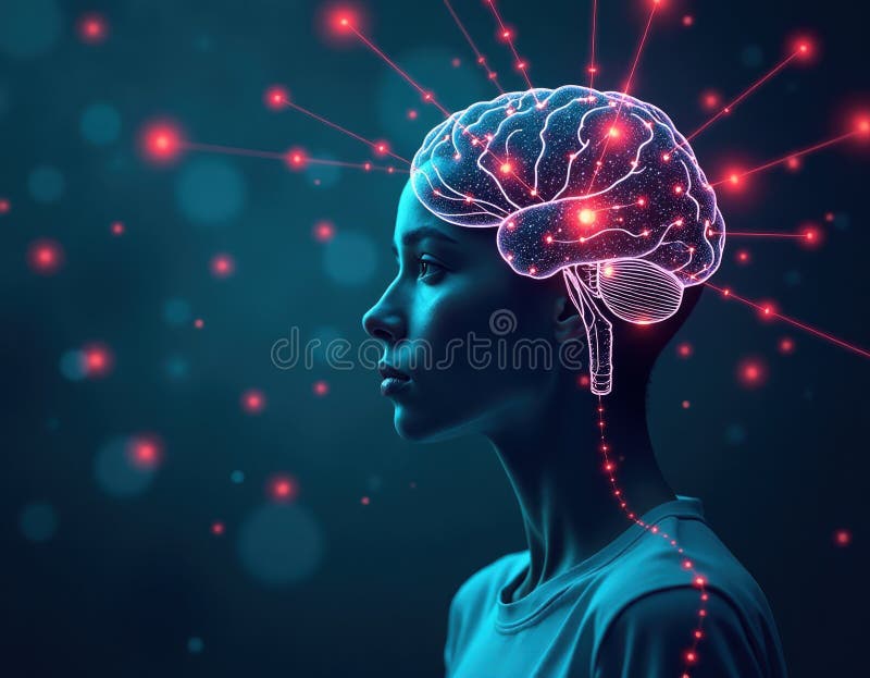 Illuminated Mind Woman with Glowing Brain and Neural Connections Stock ...