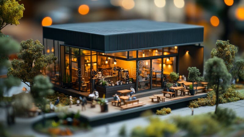 Illuminated Miniature Cafe Model at Night Stock Illustration ...