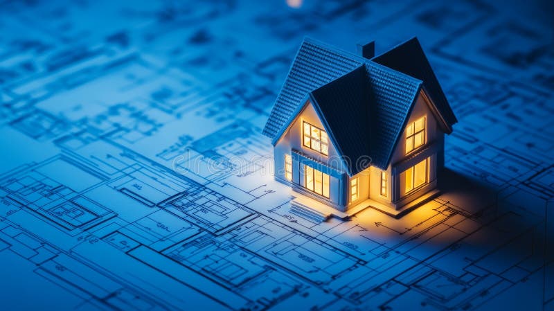 Illuminated Miniature Home on Blueprint a Vision of Architectural ...