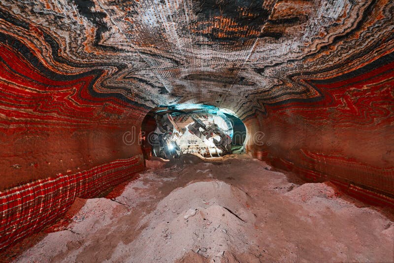 Illuminated Mining Drilling Machine in Salt Quarry Tunnel Stock Image ...