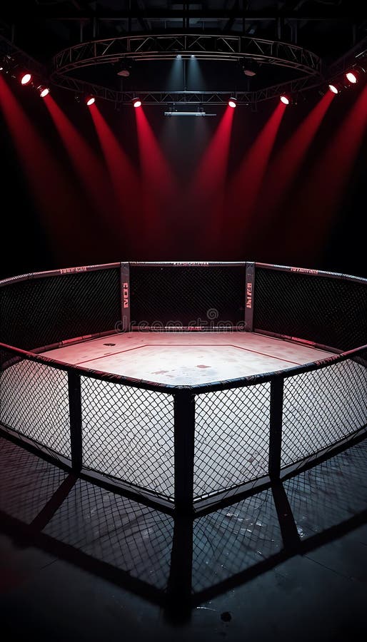 Illuminated Mma Cage Fighting Ring with Red Lights and Dark Arena Stock ...