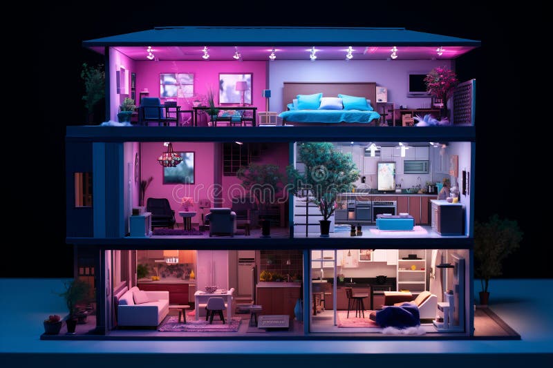 Illuminated Model House at Night Stock Image - Image of house, glow ...