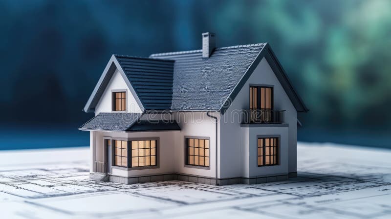 Illuminated Model House Sitting on Architectural Blueprints in Twilight ...