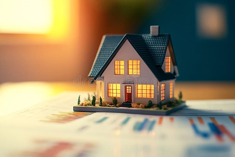Illuminated Model House Sitting on Charts Symbolizing Real Estate ...