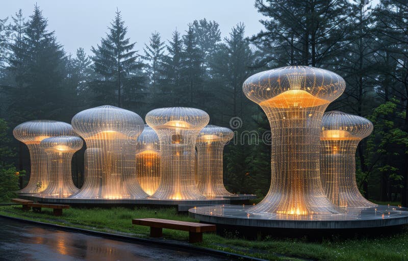 Illuminated Modern Art Installation in a Misty Forest with Glowing ...