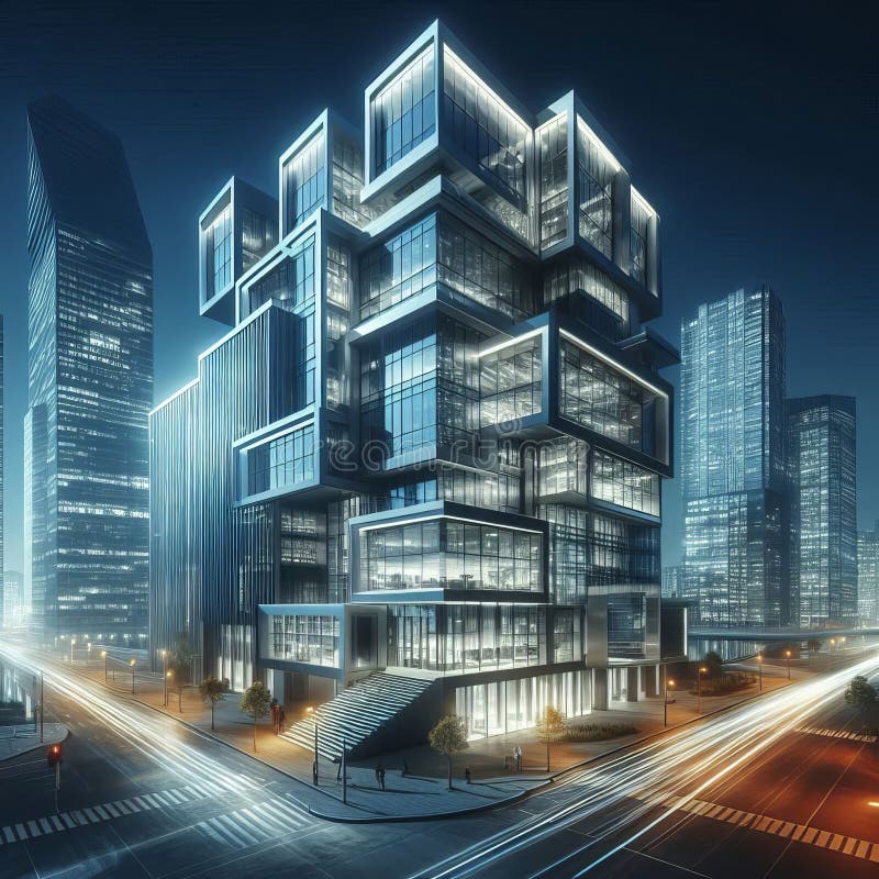 Illuminated Modern Building in an Urban Night Setting Stock Photo ...