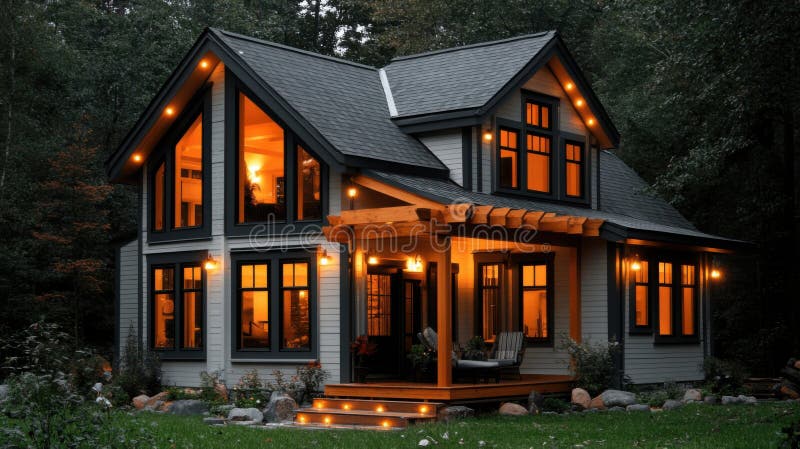 Illuminated Modern Cabin in Wooded Area at Night Stock Photo - Image of ...