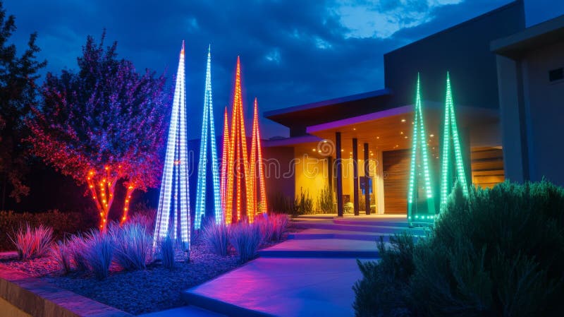 Illuminated Modern Home with Colorful Light Installations Stock ...