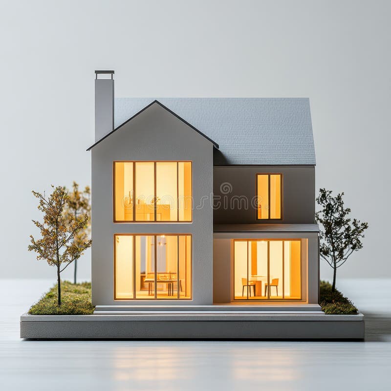 Illuminated Modern House Model with Landscaping Stock Illustration ...