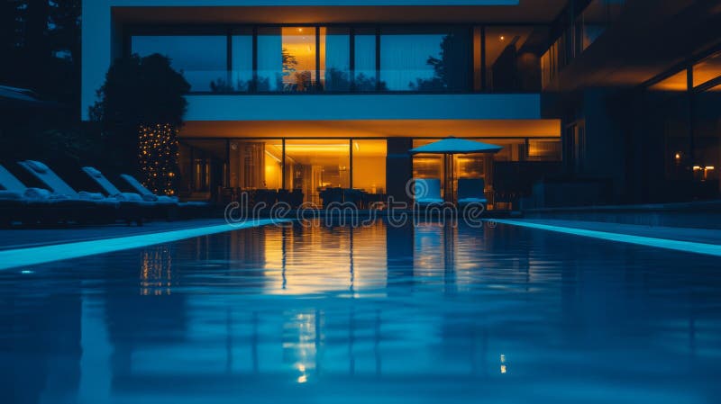 Illuminated Modern House with Pool at Night Stock Illustration ...