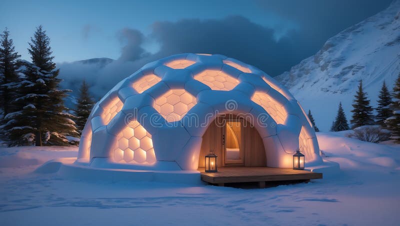 Illuminated Modern Igloo Structure in a Snowy Winter Landscape at Dusk ...