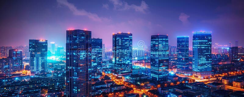 Illuminated Modern Industrial Complex at Night with Glowing Buildings ...