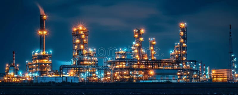 Illuminated Modern Industrial Complex at Night with Glowing Buildings ...