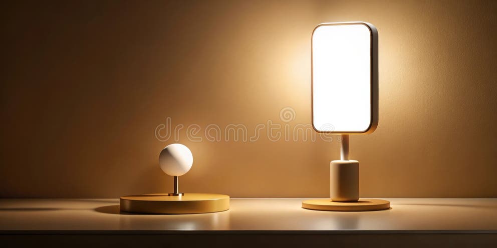 Illuminated Modern Minimalist Tabletop Display Featuring a Glowing Rectangular Lamp and a Small ...