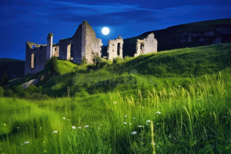 Illuminated by Moonlight Ruins on a Hill Stock Image - Image of ...
