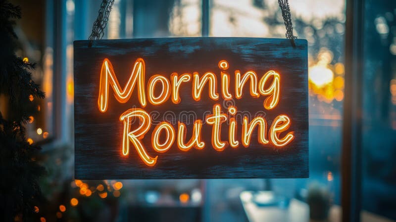 Illuminated Morning Routine Sign Hanging in Sunlit Room Stock ...