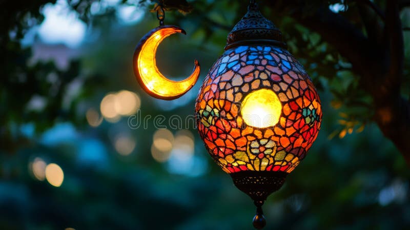Illuminated Mosaic Lantern and Crescent Moon Hanging from a Tree at Night Stock Illustration ...