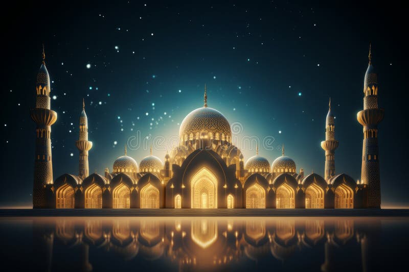 Illuminated Mosque with Decorative Lights Stock Illustration ...