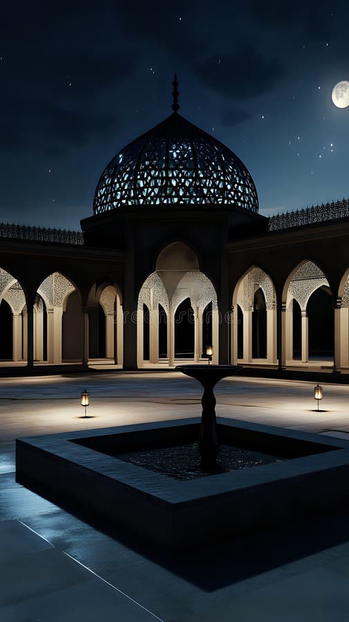 Illuminated Mosque at Night Blending Modern and Traditional Styles ...
