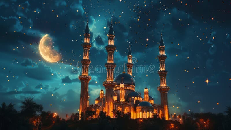 Illuminated Mosque Night Crescent Moon Floating Lanterns Stock Photos ...
