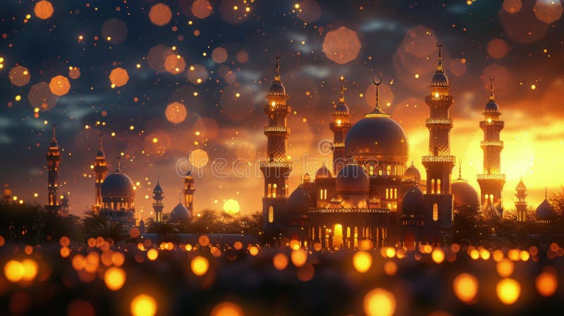 Illuminated Mosque at Night with Crescent Moon and Floating Lanterns ...