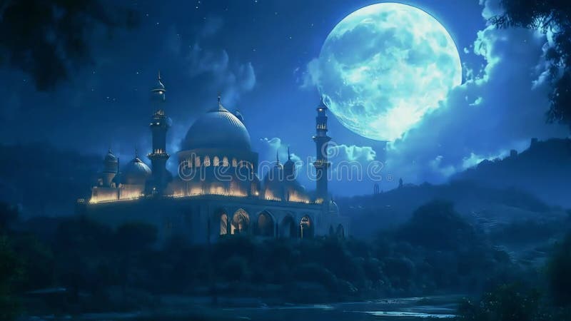 Illuminated Mosque Night Scene, Full Moon, Mountains, Design Stock ...