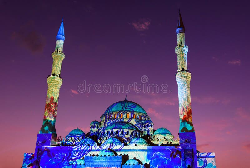 Illuminated Mosque in Sharjah during Light Festival Editorial Image ...