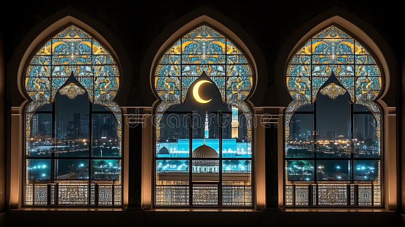 Illuminated Mosque View through Ornate Arch Windows Stock Illustration ...