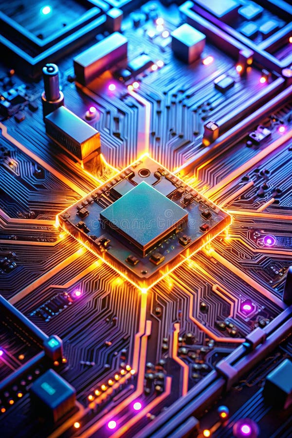 Illuminated Motherboard Showcasing Advanced Electronic Components and ...